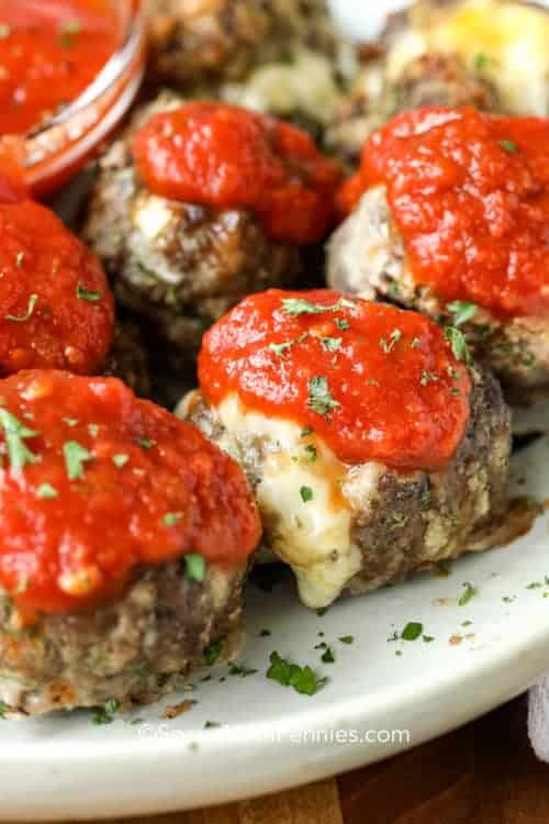 Mozzarella Stuffed Meatballs (in Homemade Tomato Sauce)