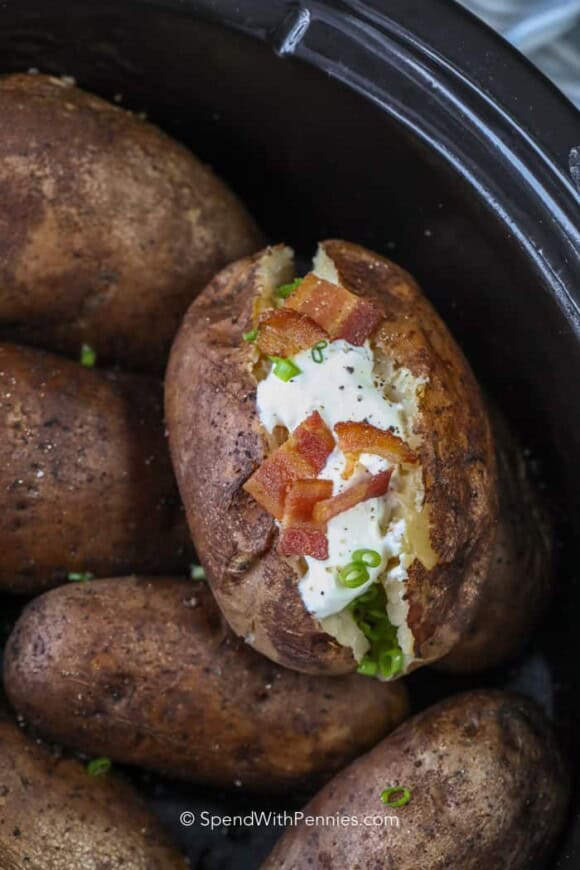Slow Cooker Baked Potatoes {Easiest Side Dish!} - Spend with Pennies