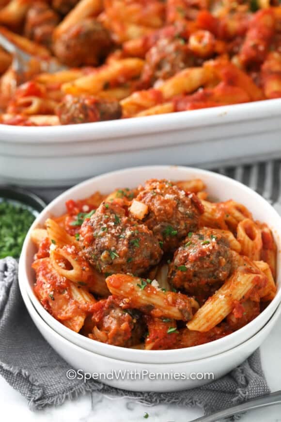 Baked Penne Casserole {with Meatballs!} - Spend With Pennies