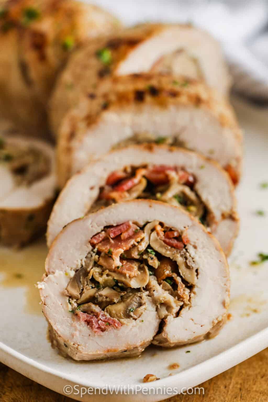 Mushroom Bacon Stuffed Pork Tenderloin